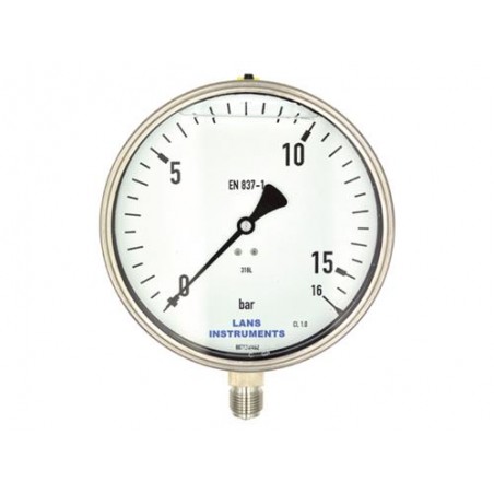 Rohrfedermanometer Edelstahl, Gehäuse Ø 160 mm, gefüllt, Unteranschluss